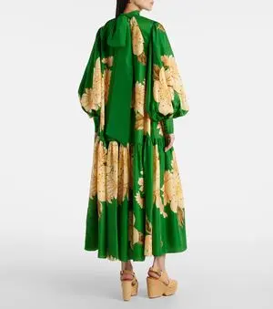 ALEMAIS Sage Floral Silk Midi Dress
