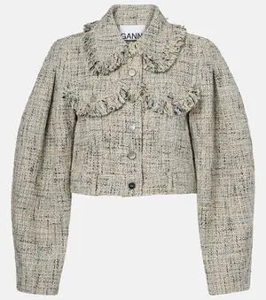 GANNI Cropped Cotton Tweed Jacket - Blue