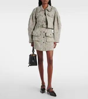 GANNI Cropped Cotton Tweed Jacket - Blue