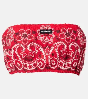 Miu Miu Printed Cotton And Linen Poplin Bandeau Top - Red