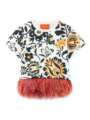 La DoubleJ Floral-print T-shirt With Feather Trim - White