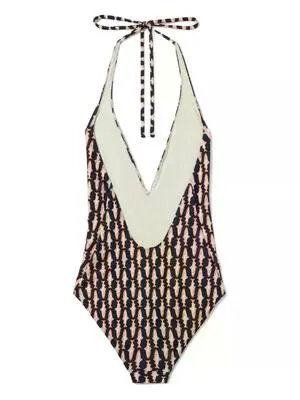 La DoubleJ Fish-print Halterneck Swimsuit - Blue