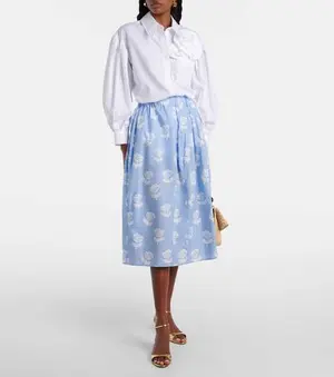 Marni Floral Cotton Poplin Midi Skirt - Blue