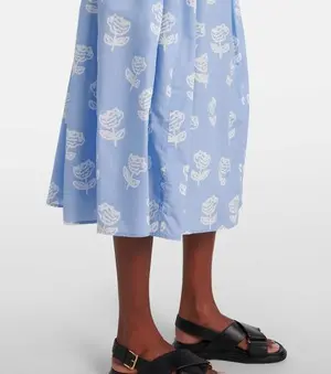 Marni Floral Cotton Poplin Midi Skirt - Blue