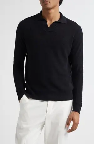 Thom Sweeney Skipper Long Sleeve Linen & Cotton Polo - Black