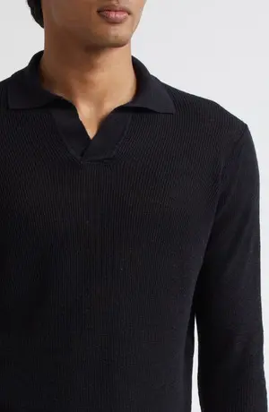 Thom Sweeney Skipper Long Sleeve Linen & Cotton Polo - Black