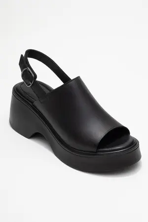 FOREVER & ALWAYS SHOES Power Leather Platform Wedge Sandal - Black