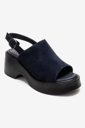 FOREVER & ALWAYS SHOES Power Leather Platform Wedge Sandal - Navy Suede