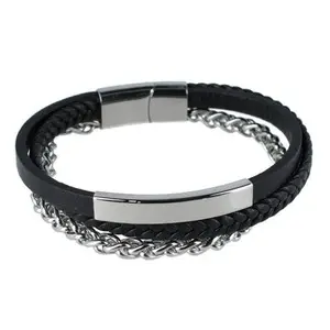 Trafalgar Zaid Metal And Leather Triple Strand Bracelet - Black Leather And Silver Metal