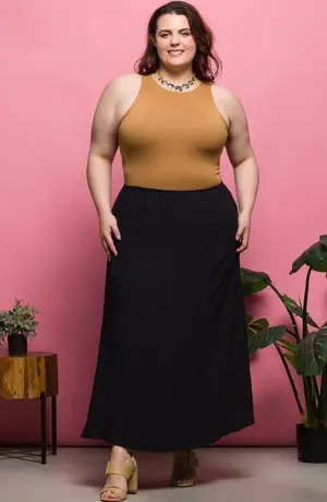 24SEVEN COMFORT APPAREL Solid Pull-on Maxi Skirt - Black
