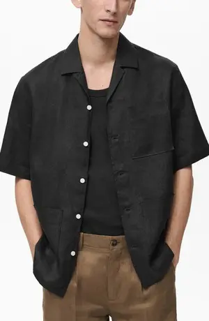 Mango Short Sleeve Linen Button-up Shirt - Black