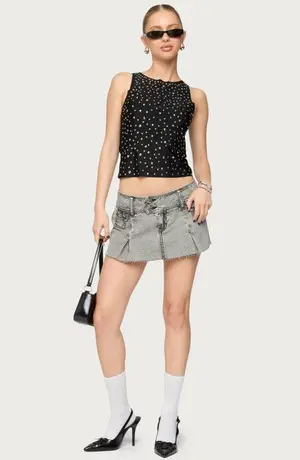 EDIKTED Fray Hem Denim Miniskort