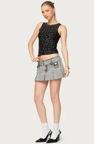 EDIKTED Fray Hem Denim Miniskort