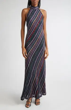 Missoni Sequin Stripe Metallic Knit Halterneck Dress