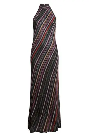 Missoni Sequin Stripe Metallic Knit Halterneck Dress
