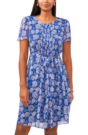 CECE DUPRAZ Belted Floral Pintuck Pleat Chiffon Dress