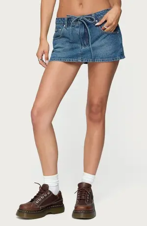 EDIKTED Tie Front Denim Miniskirt - Dark-blue