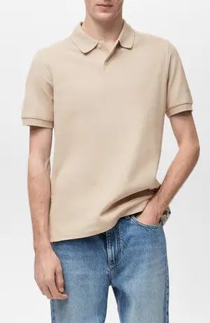Mango Regular Fit Cotton Pique Knit Polo - Ecru