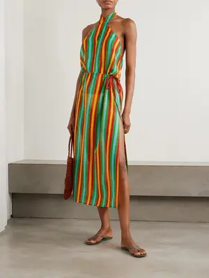 LIDO Striped Cotton And Silk-blend Halterneck Midi Dress