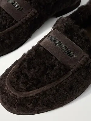 Brunello Cucinelli Bead-embellished Shearling Loafers - Brown