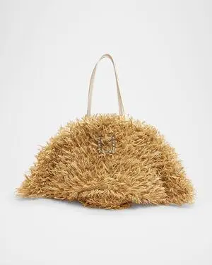 ROGER VIVIER Large Fan Fringe Raffia Shoulder Bag - Naturale Oro
