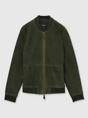 REISS Suede Bomber Jacket - Antique Dark Forest Green