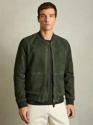 REISS Suede Bomber Jacket - Antique Dark Forest Green