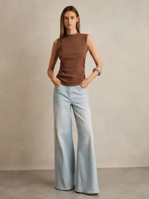 REISS Ruched Waist Sleeveless Top - Toffee Brown