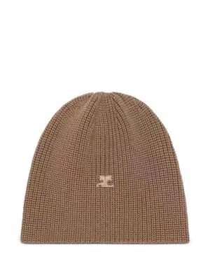 COURREGES Ribbed Knit Beanie With Embroidered Logo - Brown