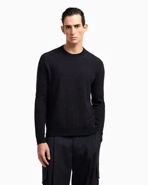 Giorgio Armani Plated Chevron Virgin Wool Crew-neck Jumper - Blue