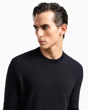 Giorgio Armani Plated Chevron Virgin Wool Crew-neck Jumper - Blue