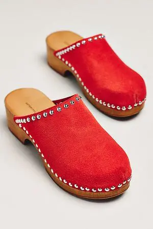 Anthropologie Studded Wood-bottom Clogs - Red Suede