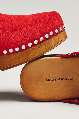Anthropologie Studded Wood-bottom Clogs - Red Suede