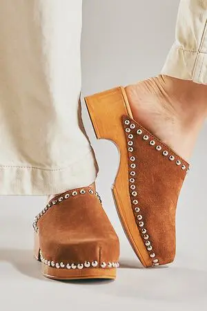 Anthropologie Studded Wood-Bottom Clogs Tan Suede
