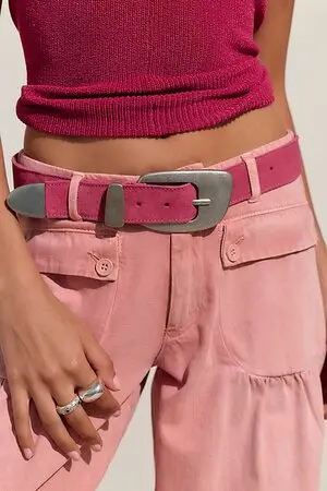 Free People Suede Belt With Geometric Buckle - Medium Pink