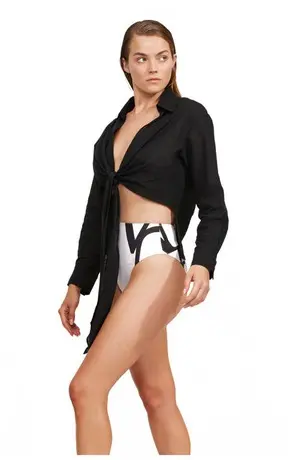 LUMA GOTTEX High-low Collared Front Tie Blouse Cover Up - Black