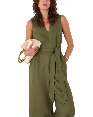 Whistles Belted Seamed Linen Jumpsuit - Khaki