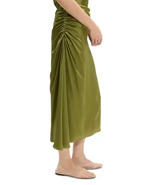 Theory Ruched Midi Skirt In Crushed Satin