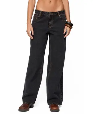 EDIKTED Contrast Stitch Low Rise Wide Leg Jeans - Black-washed