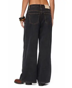 EDIKTED Contrast Stitch Low Rise Wide Leg Jeans - Black-washed