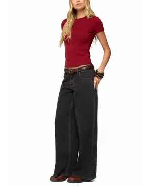 EDIKTED Contrast Stitch Low Rise Wide Leg Jeans - Black-washed
