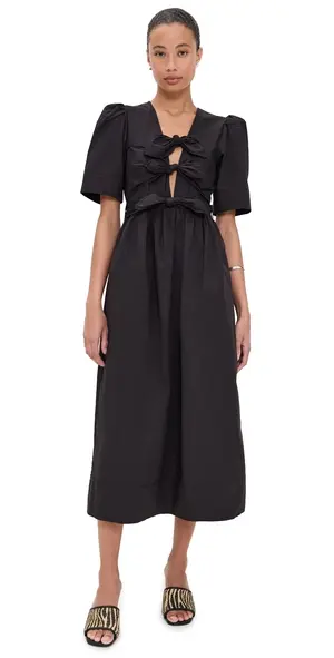 GANNI Stretch Cotton Tie Strap Midi Dress - Black