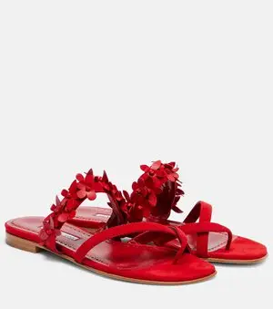 Manolo Blahnik Suede Floral Embellished Sandals - Red