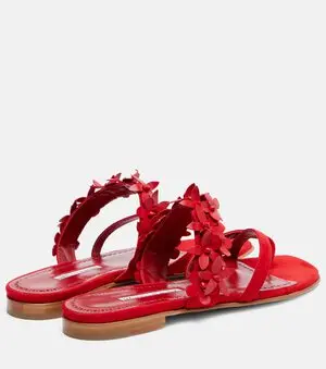 Manolo Blahnik Suede Floral Embellished Sandals - Red