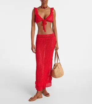 Anna Kosturova Rosette Crochet Cotton Maxi Skirt - Red