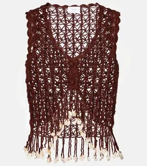 Anna Kosturova Crochet Fringed Cotton Crop Top - Brown