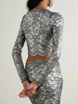 Rabanne Cropped Scalloped Stretch-lace Top - Silver