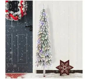 GLITZHOME 6' Led Pre-lit Flocked Artificial Chr Istmas Tree - One-color