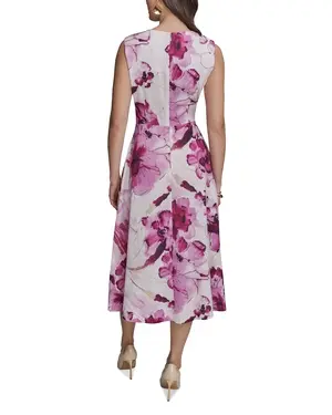 Donna Karan New York Floral Satin Gathered Waist Dress