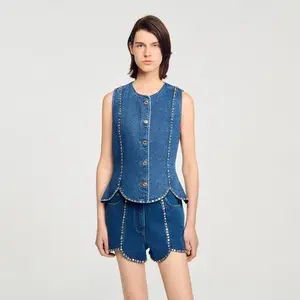 Sandro Rhinestone Embellished Denim Top - Blue Jean